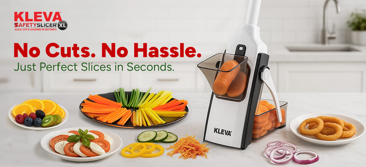 Kleva Safety Slicer™️ One-Push XL Vegetable Slicer 2 Pack + BONUS Peel – Kleva Range | Life Just ...